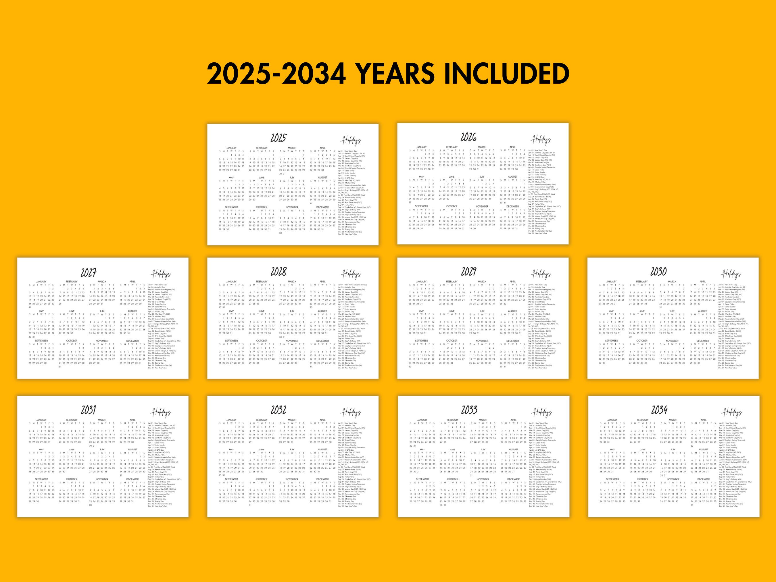 2025-2034 Year on One Page With Australian Holidays, Yearly Wall ...