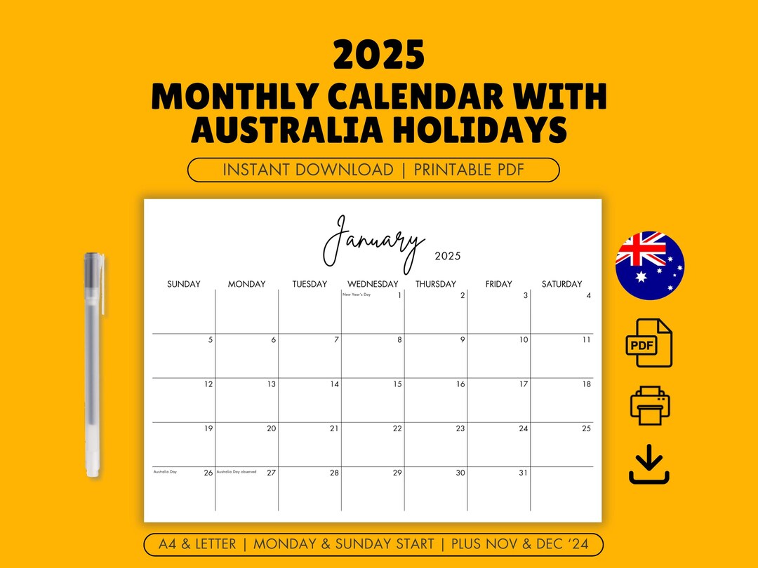 2025 Monthly Planner With Australia Holidays, Black and White Wall ...