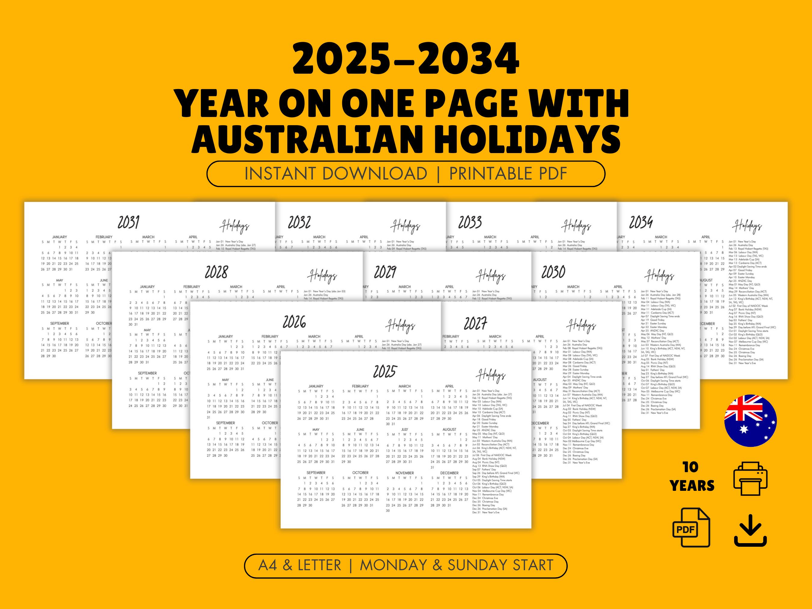 2025-2034 Year on One Page With Australian Holidays, Yearly Wall ...