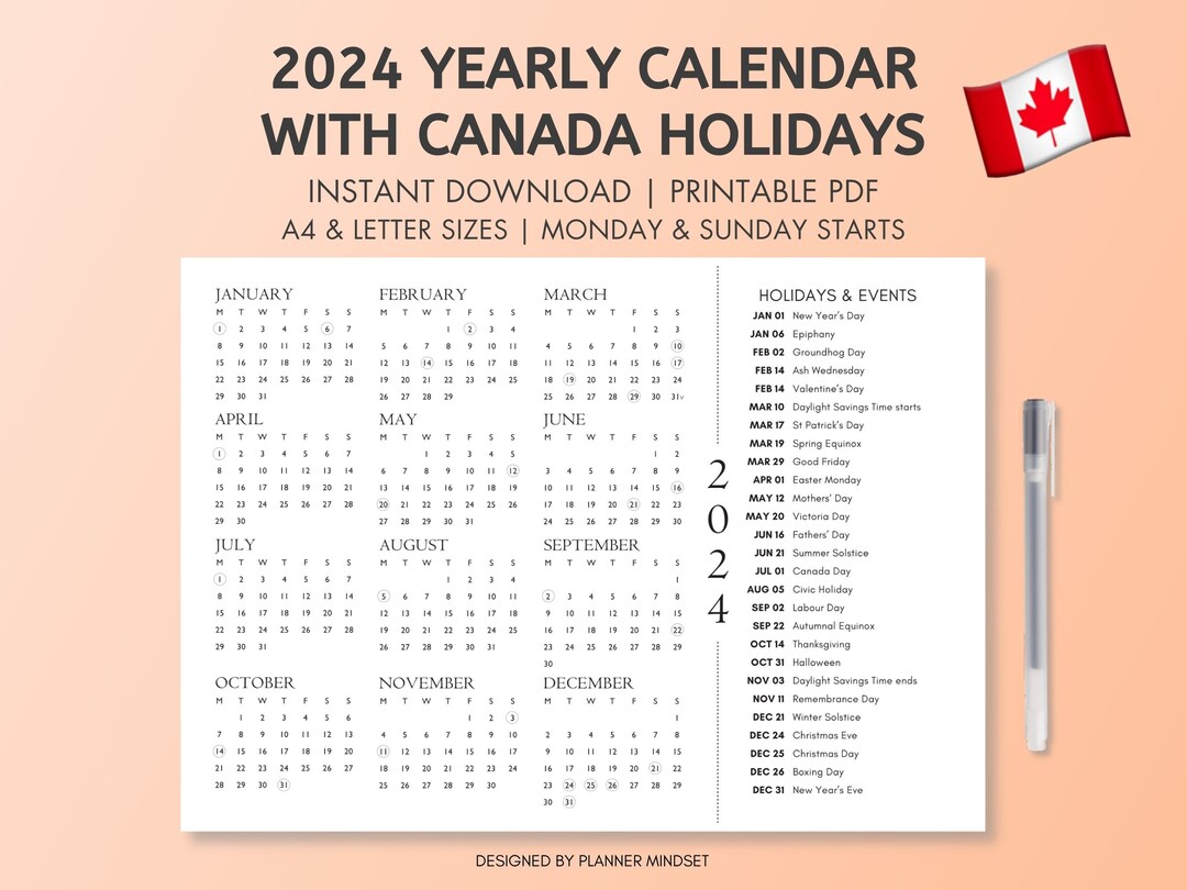 2024 Yearly Calendar With Canada Holidays, One Page Landscape Sunday ...