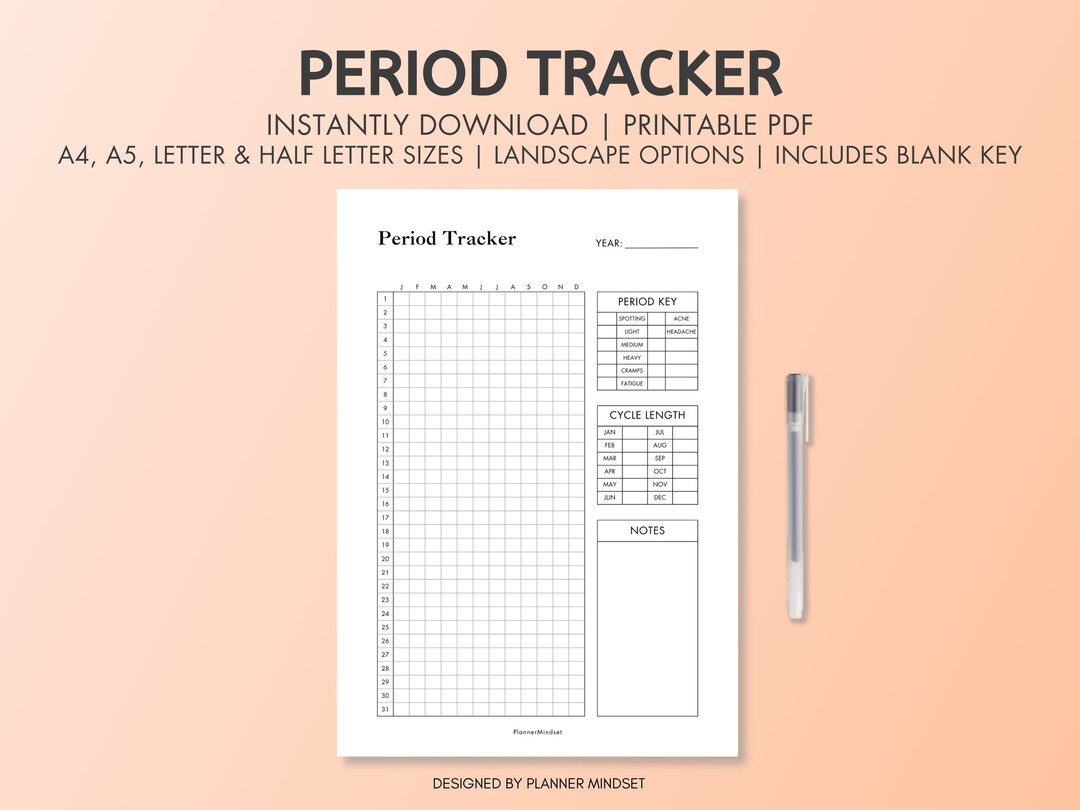 Printable Period Tracker, Menstrual Cycle Fertility Planner Symptom Log ...