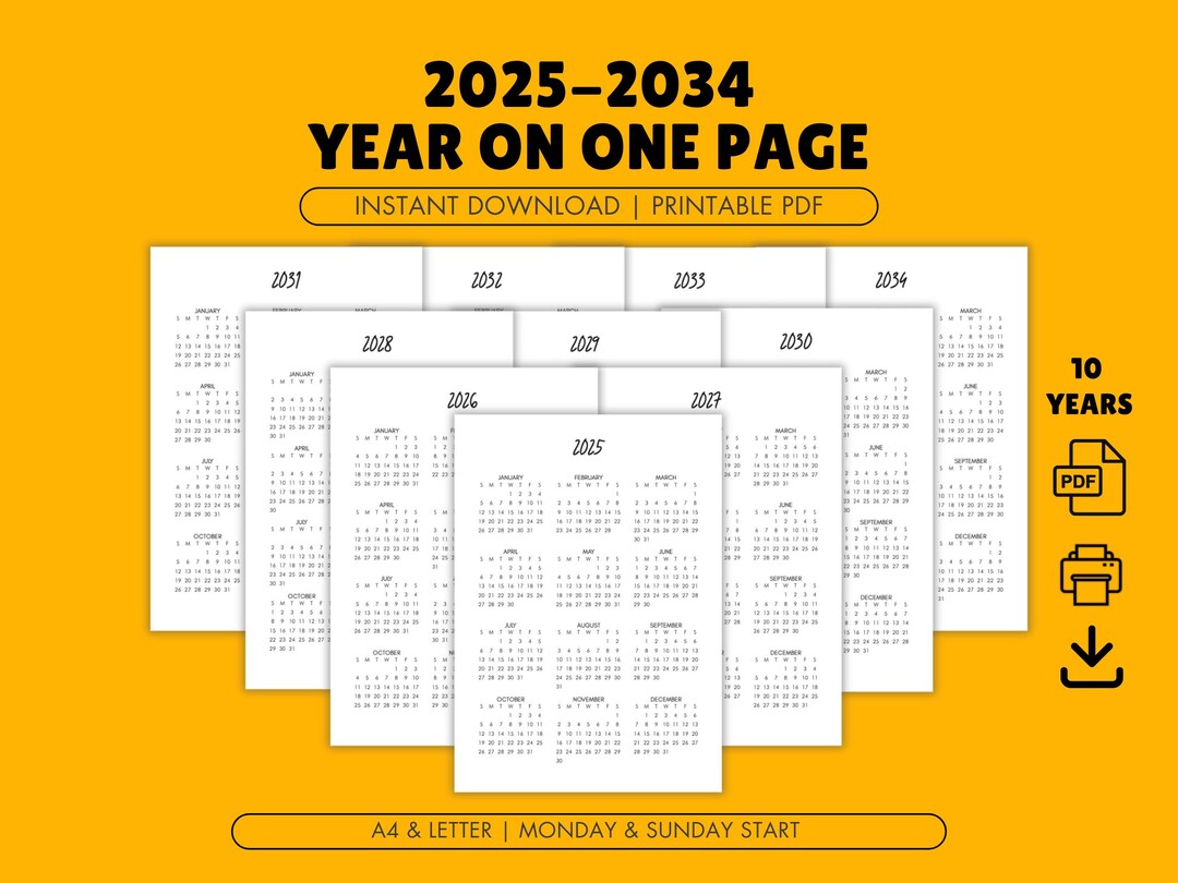 2025-2034 Year on One Page Bundle, Minimalist Yearly Wall Calendar ...