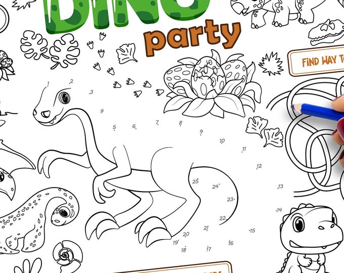 Dino Party Placemat. Printable Birthday Coloring Page for Kids. Dino ...