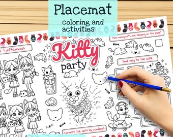 Kitty Party Placemat. Printable Birthday Coloring Page for Girls. Cats ...
