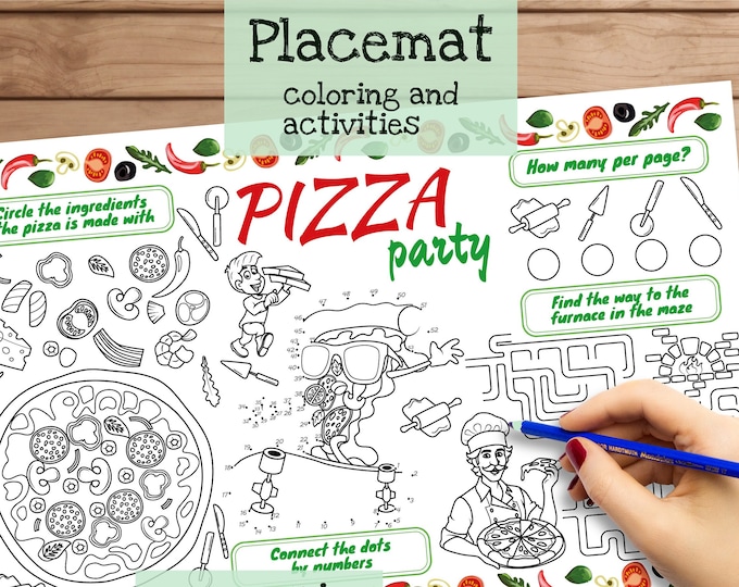 Pizza Party Placemat. Activity Mat. Printable Birthday Coloring Page ...