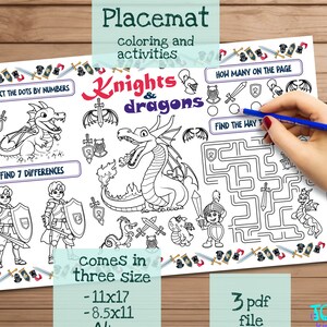 Knights and Dragons Party Placemat. Printable Birthday Coloring Page ...