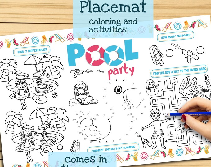 Printable Pool Party Activity Placemat - Fun Kids Birthday Coloring ...