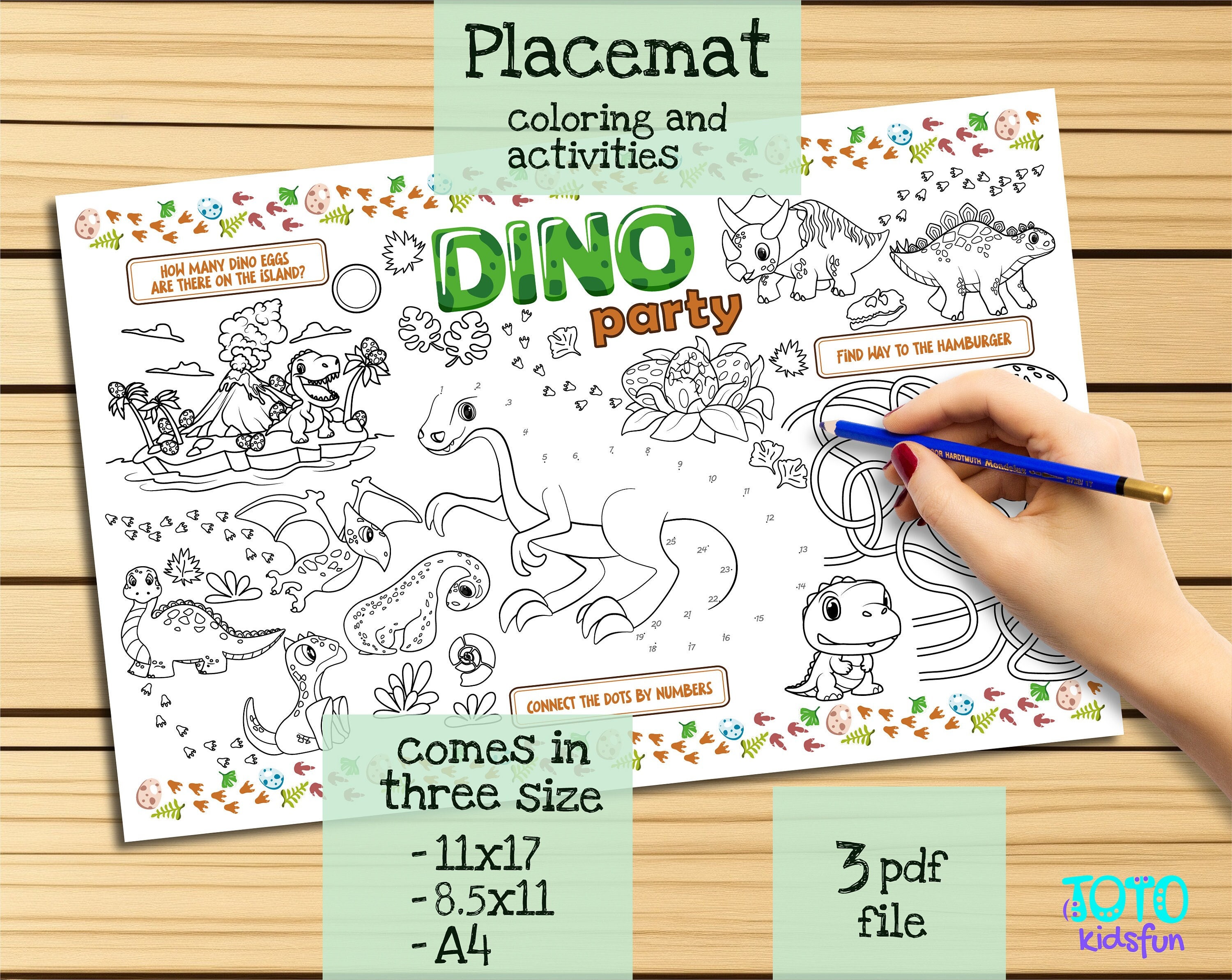 Dino Party Placemat. Printable Birthday Coloring Page for Kids. Dino ...