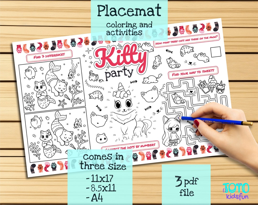 Kitty Party Placemat. Printable Birthday Coloring Page for Girls. Cats ...