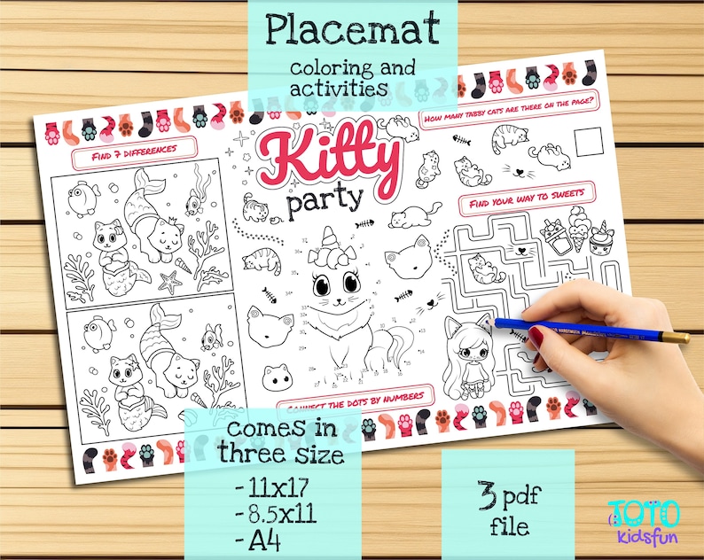 Kitty Party Placemat. Printable Birthday Coloring Page for Girls. Cats ...