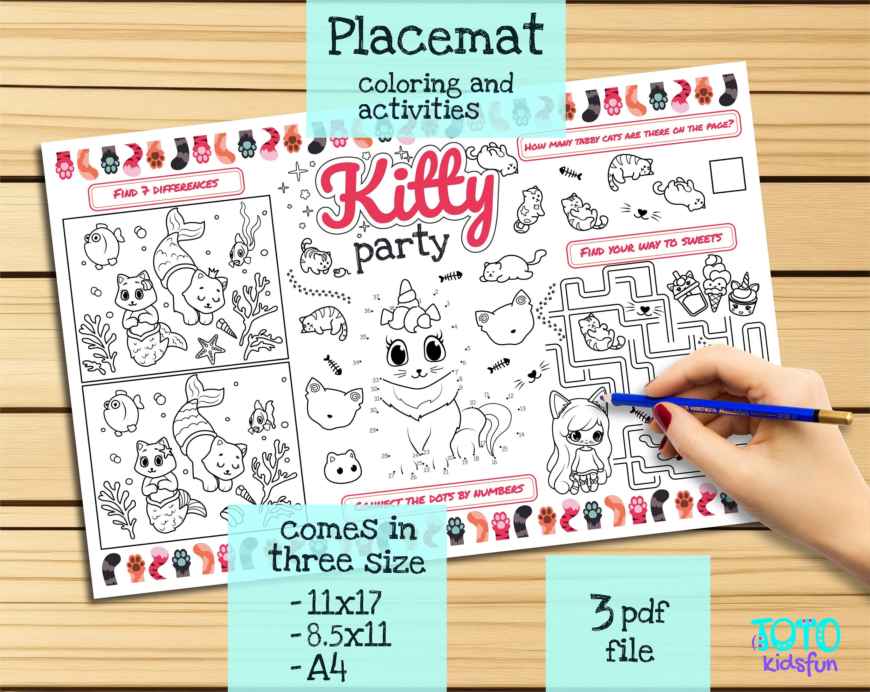 Kitty Party Placemat. Printable Birthday Coloring Page for Kids. Kitty ...