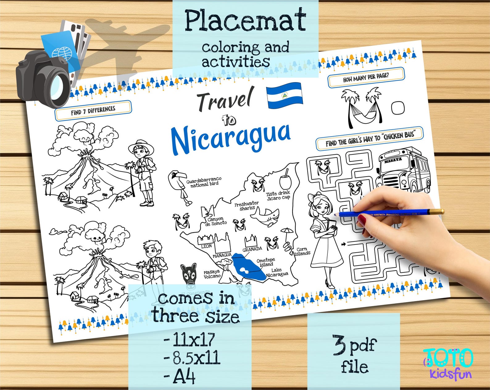 Nicaragua Travel Placemat, Kids Coloring Page (PDF) - Etsy
