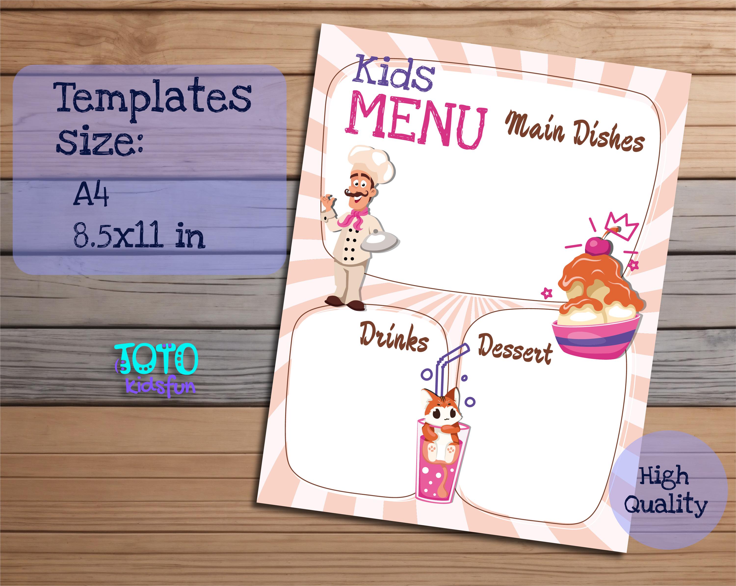 One-page Kids Menu Template - Cute Design for Cafes & Restaurants ...