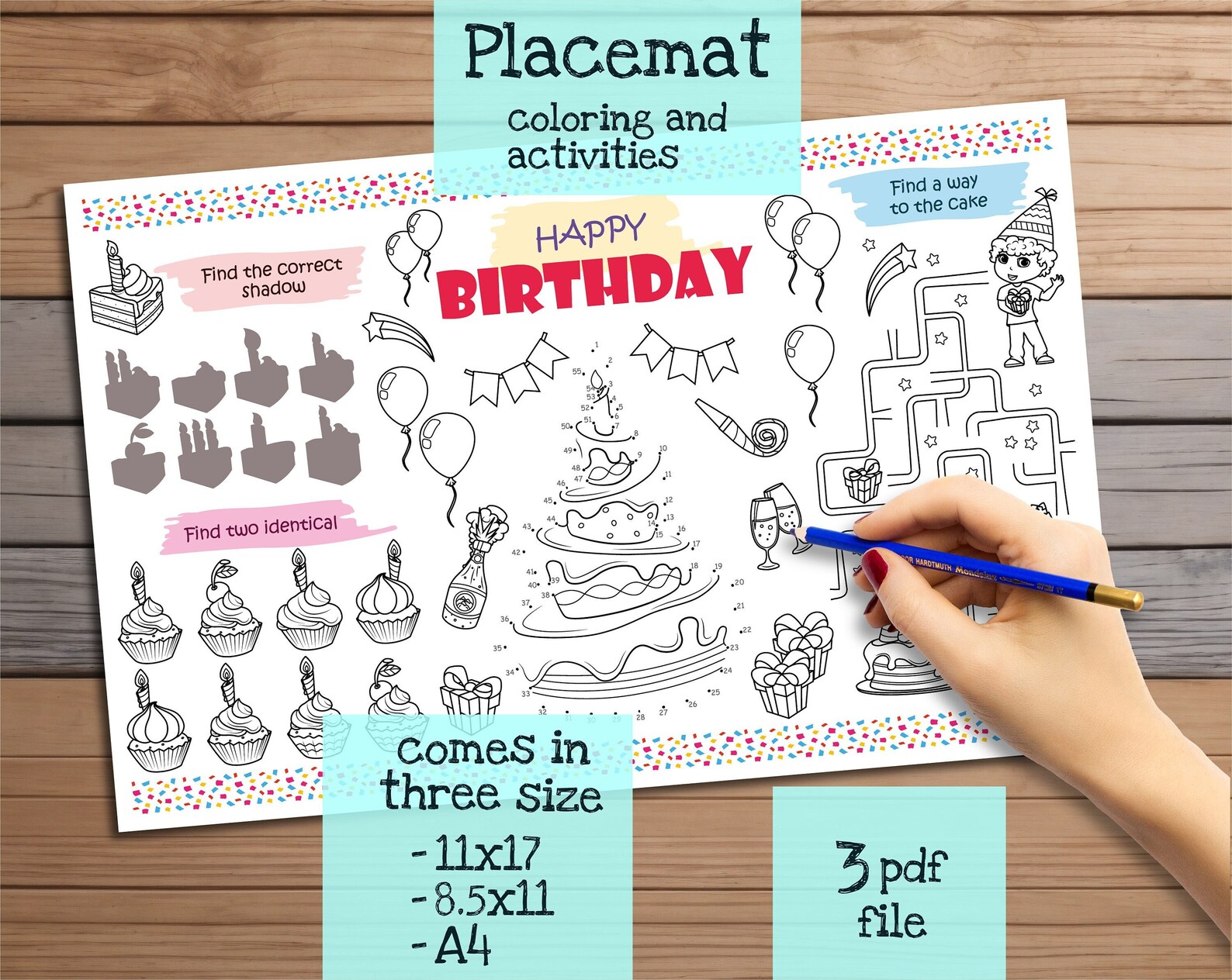 Happy Birthday Placemat. Activity Mat. Printable Birthday Coloring Page ...