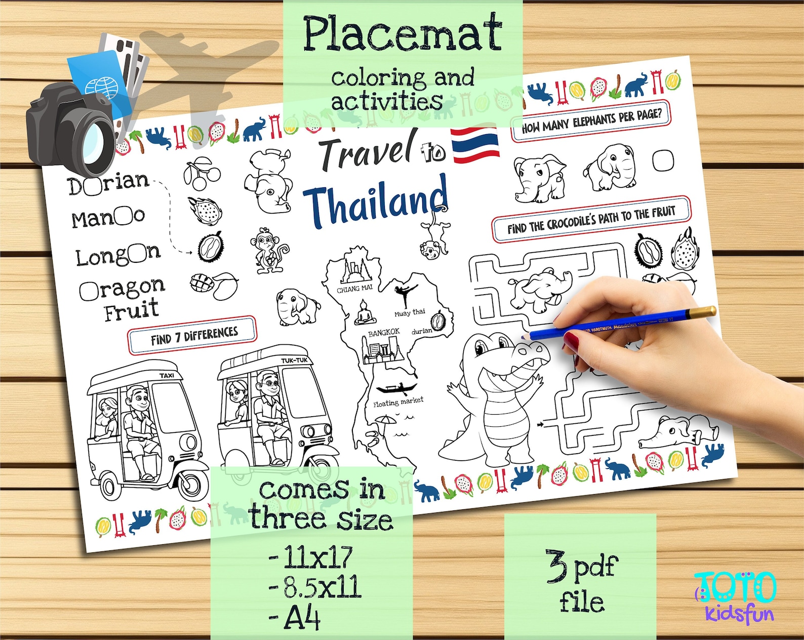 Placemat Travel to Thailand. Printable Coloring Page for Kids. Travel ...