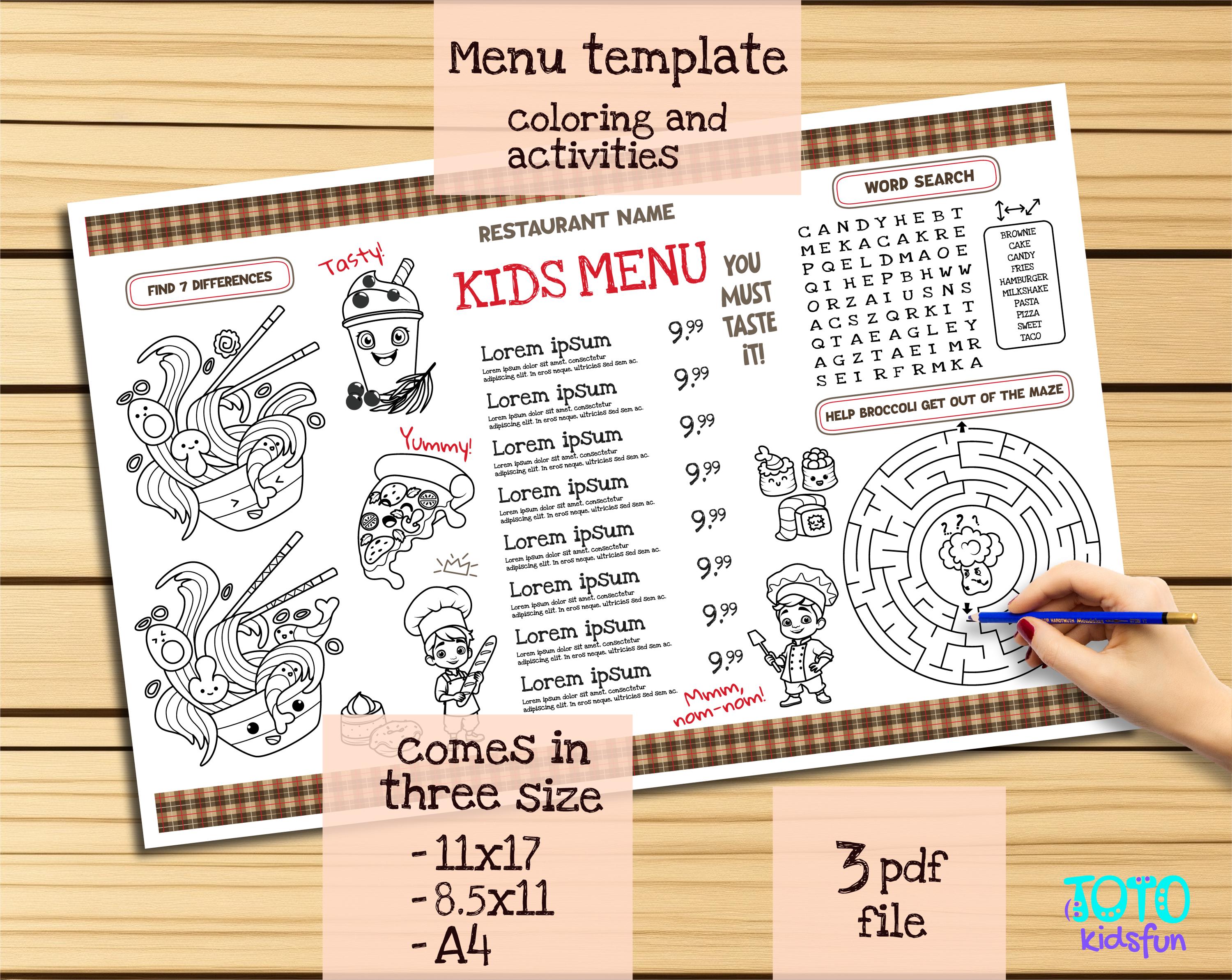 Printable Template Kids Menu for Restaurants With Fun Activity Sheet ...
