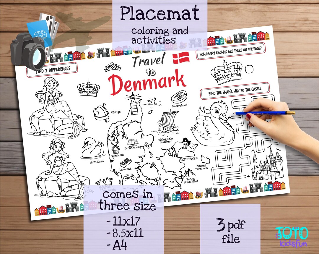 Placemat Travel to Denmark. Printable Coloring Page for Kids. Travel ...