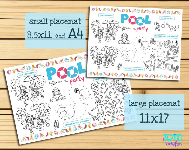 Printable Pool Party Activity Placemat - Fun Kids Birthday Coloring ...