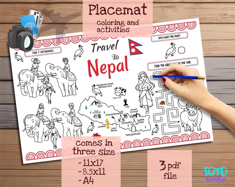 Placemat Travel to Nepal. Printable Coloring Page for Kids. Travel ...
