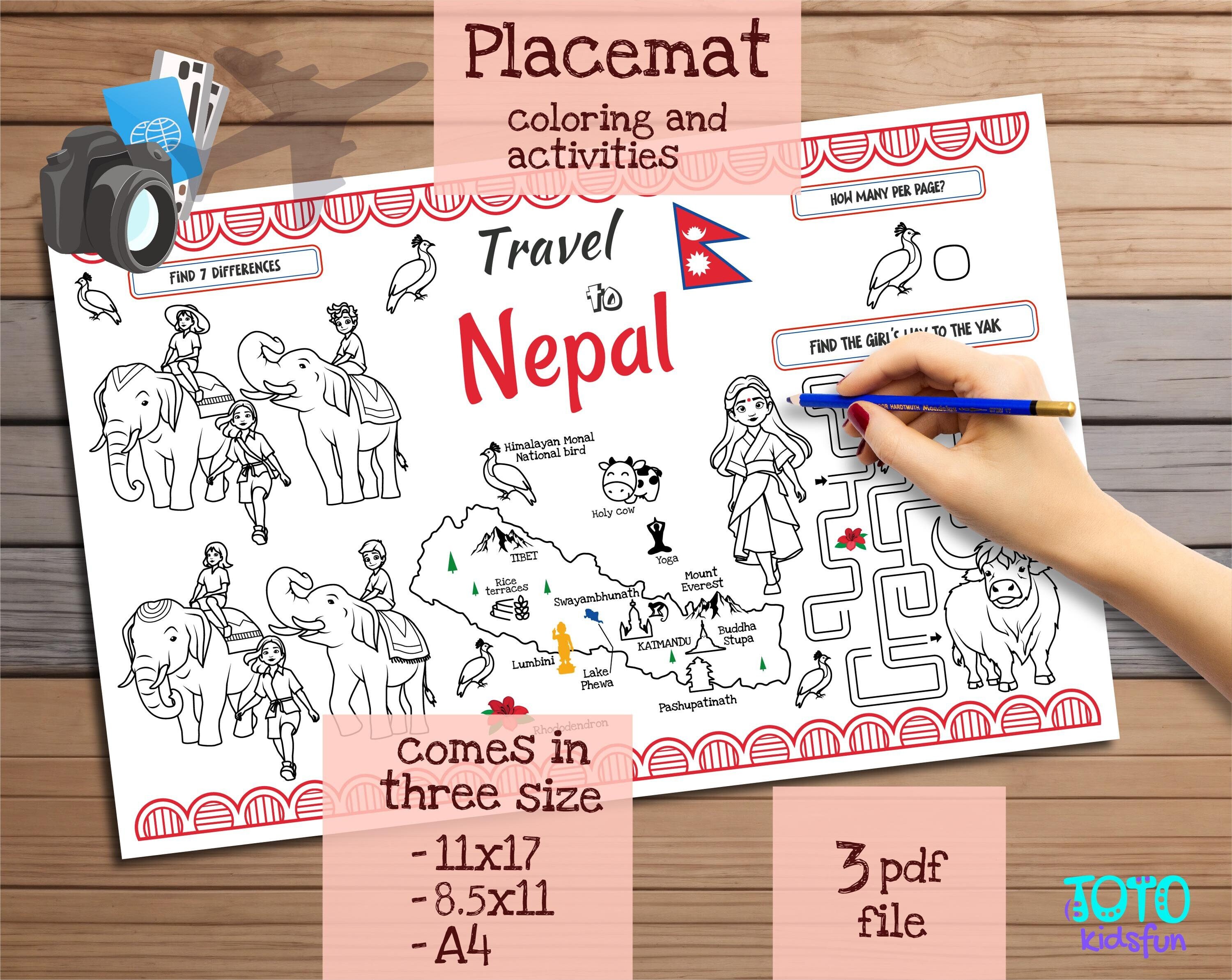 Placemat Travel to Nepal. Printable Coloring Page for Kids. Travel ...