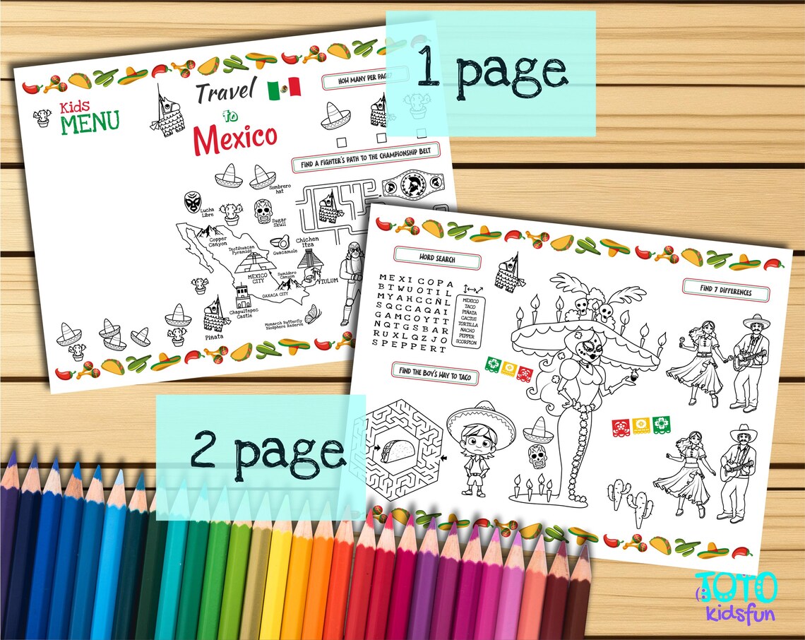 Two Page Mexican Kids Menu Template. Mexican Restaurant Menu With ...