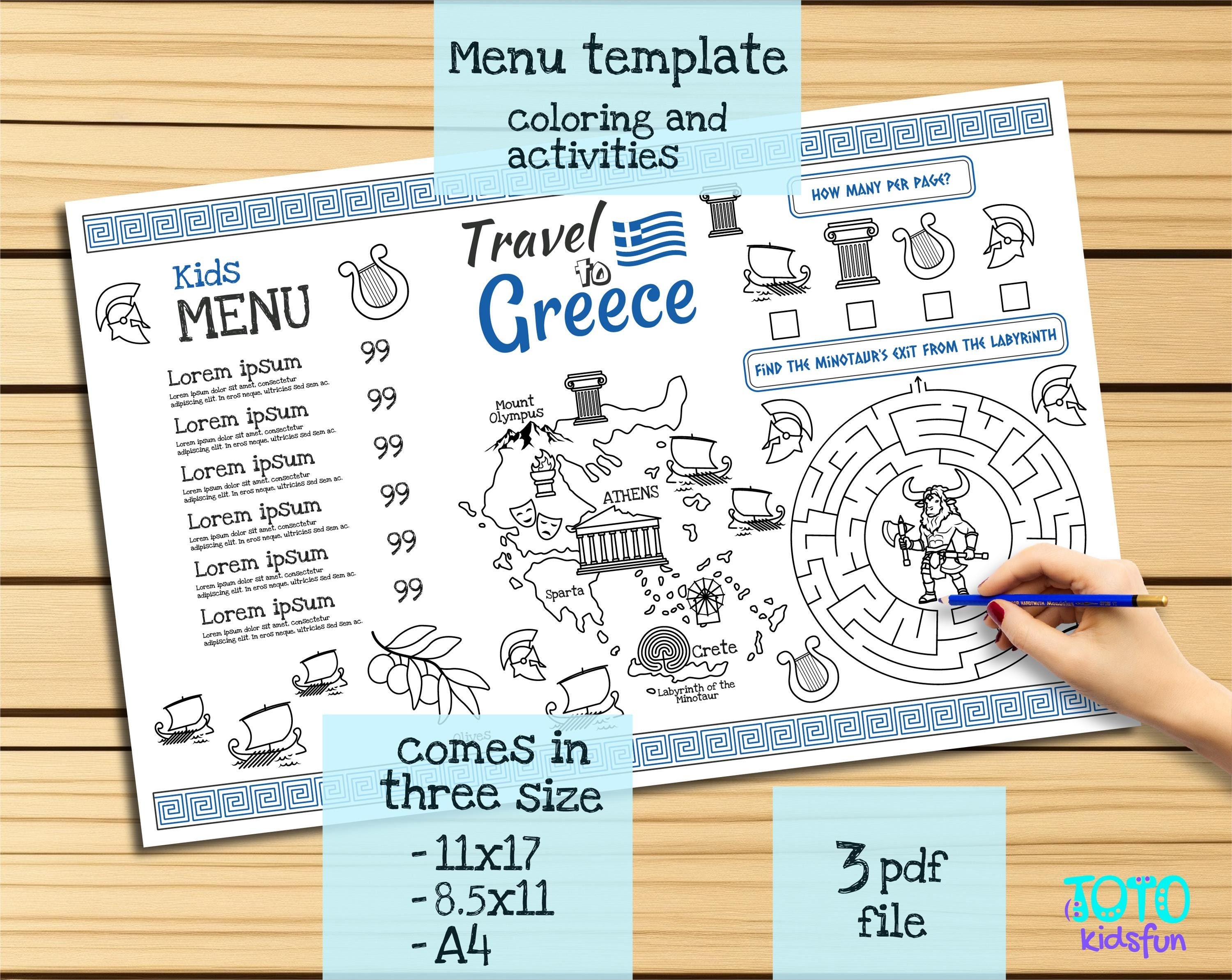 Greece Menu Template for Kids. Greek Restaurant Menu With a Map of ...