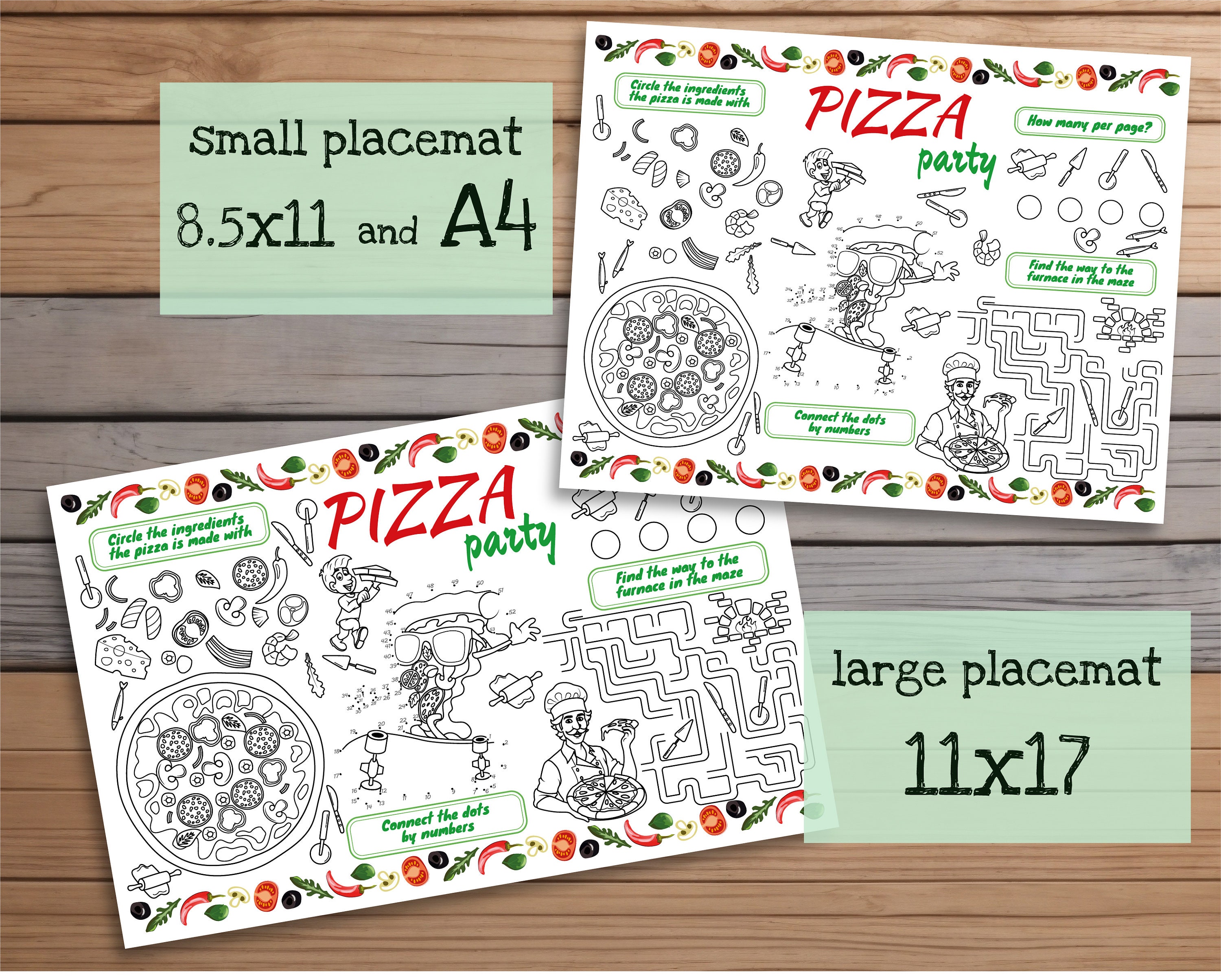 Pizza Party Placemat. Activity Mat. Printable Birthday Coloring Page ...