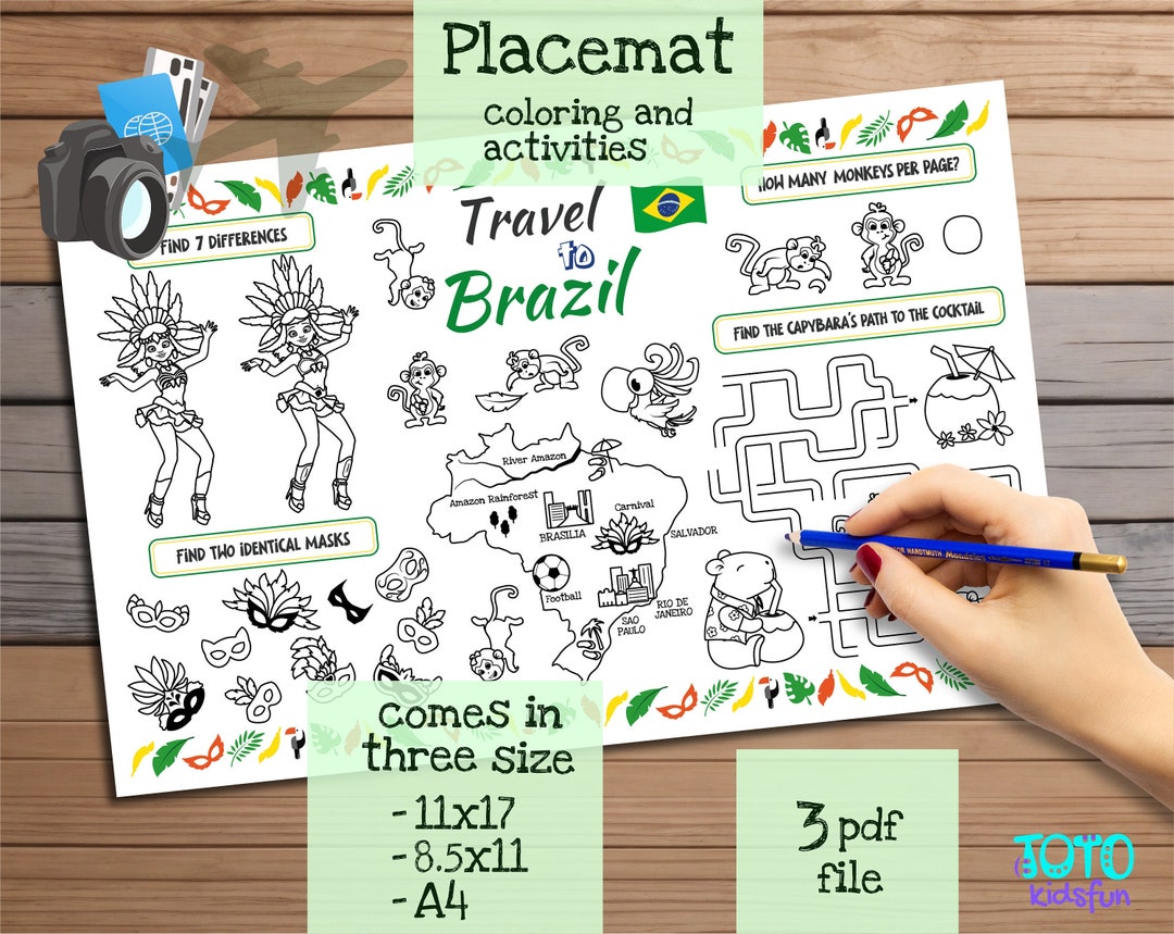 Travel to Brazil Placemat. Printable Coloring Page for Kids. Travel ...
