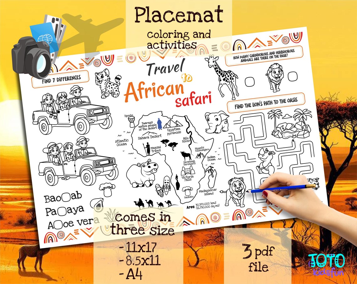 Africa Activity Worksheet for Kids | Travel to African Safari Coloring ...