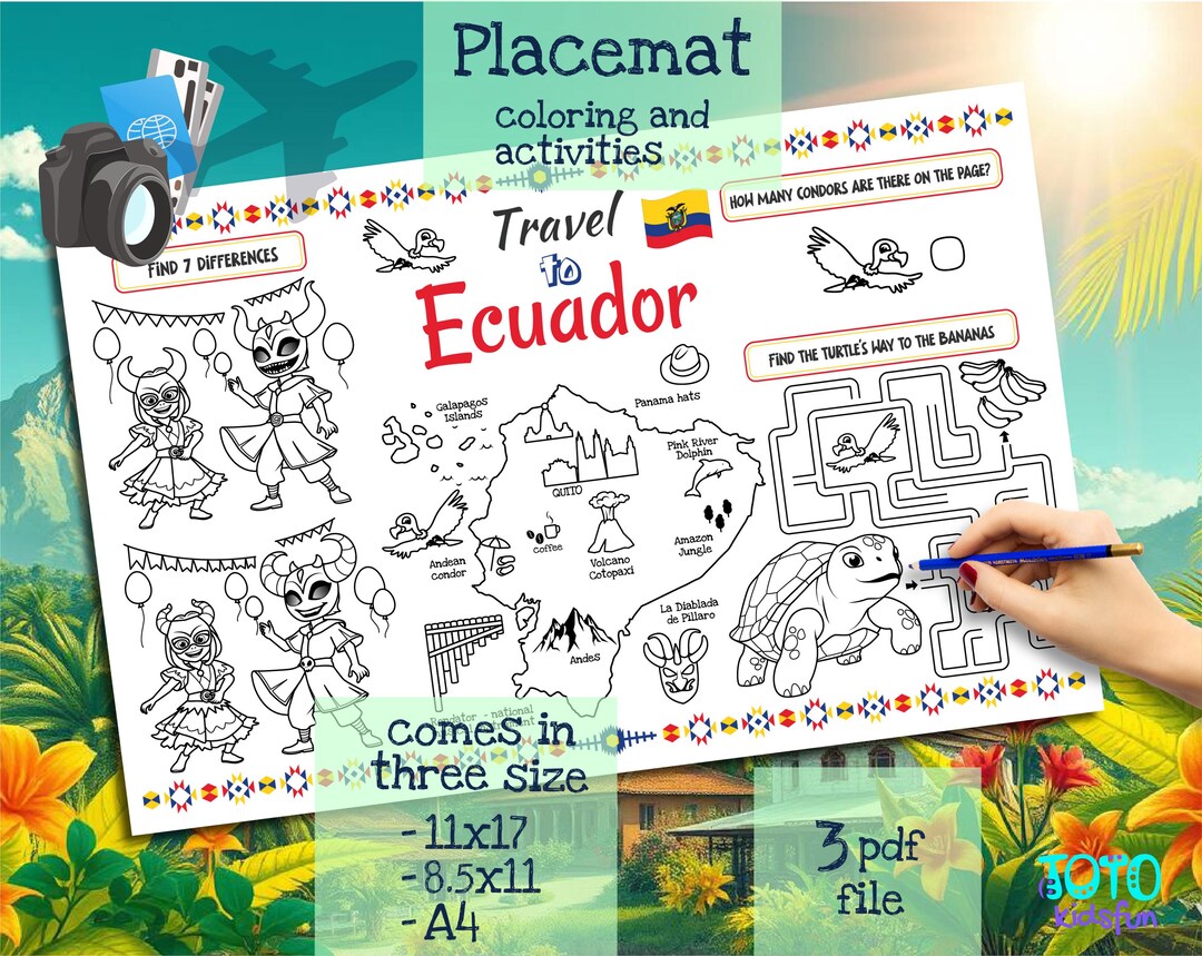 Placemat Travel to Ecuador. Printable Coloring Page for Kids. Travel ...
