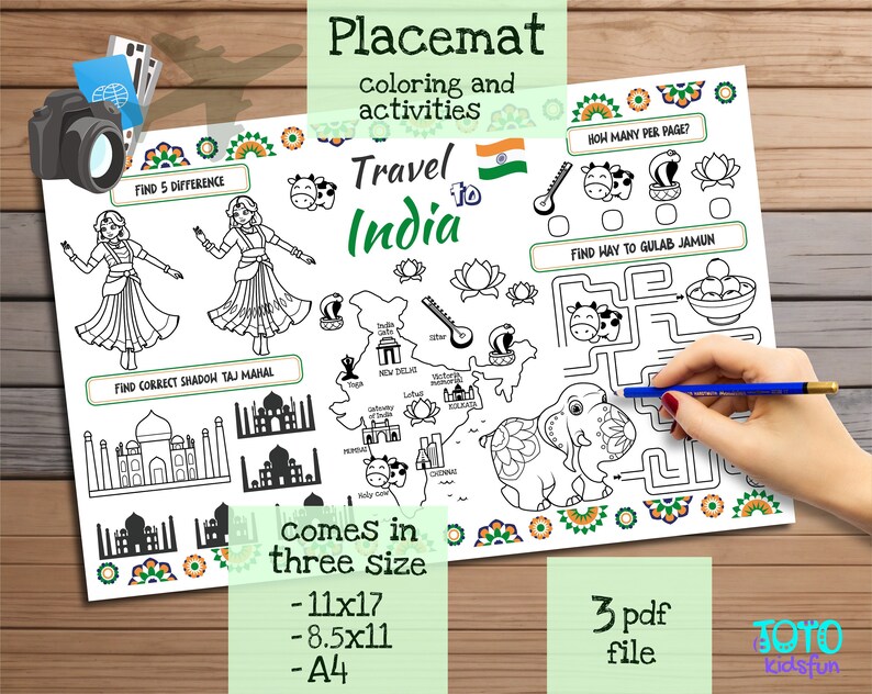 Travel to India Placemat. Printable Coloring Page for Kids. Travel ...