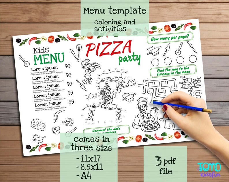 Children's Menu Template for Pizzeria. Pizza Party Activity Sheet ...