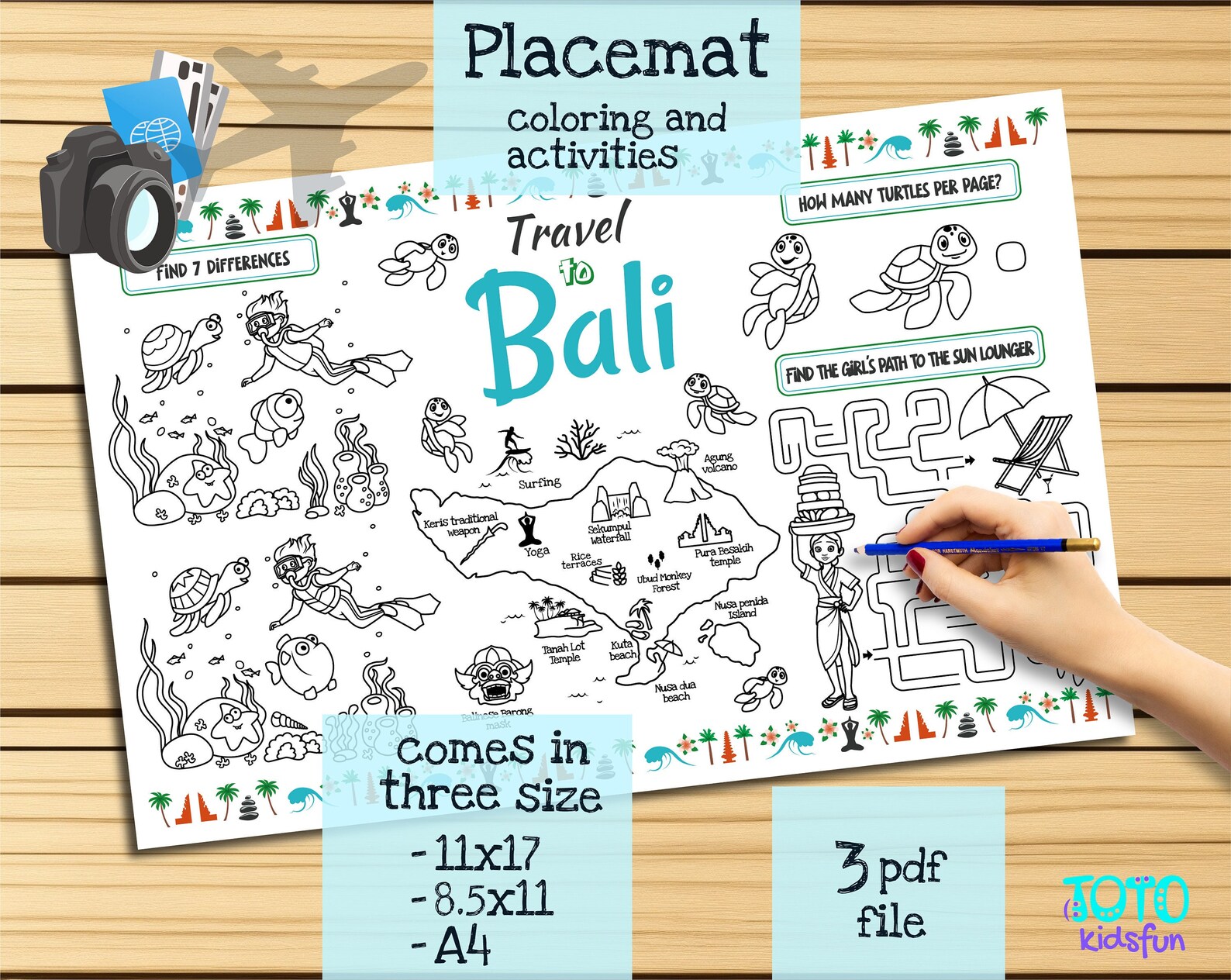 Placemat Travel to Bali. Printable Coloring Page for Kids. Travel ...