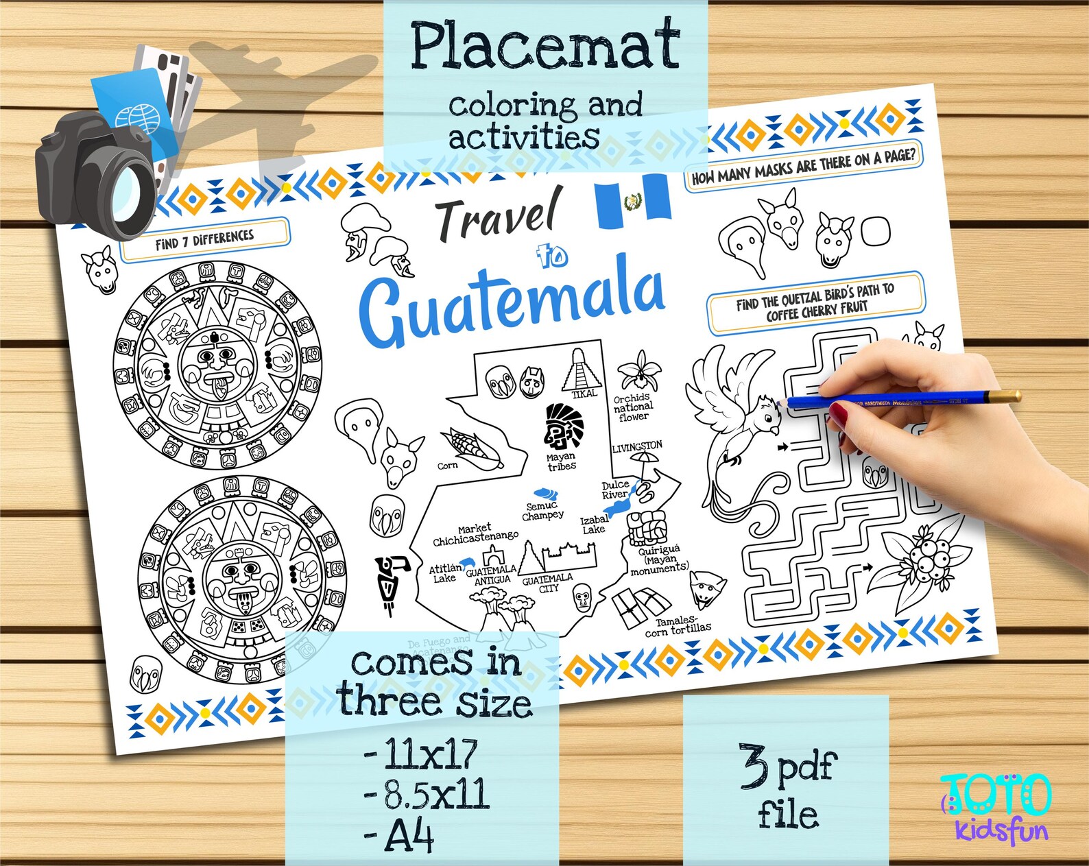 Placemat Travel to Guatemala. Printable Coloring Page for Kids. Travel ...