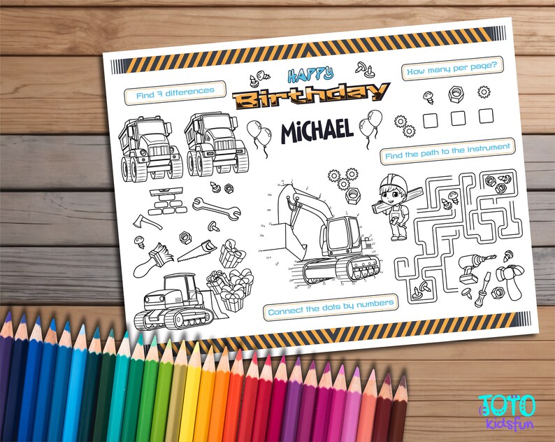 Placemat Happy Birthday. Building Theme. Printable Birthday Coloring ...