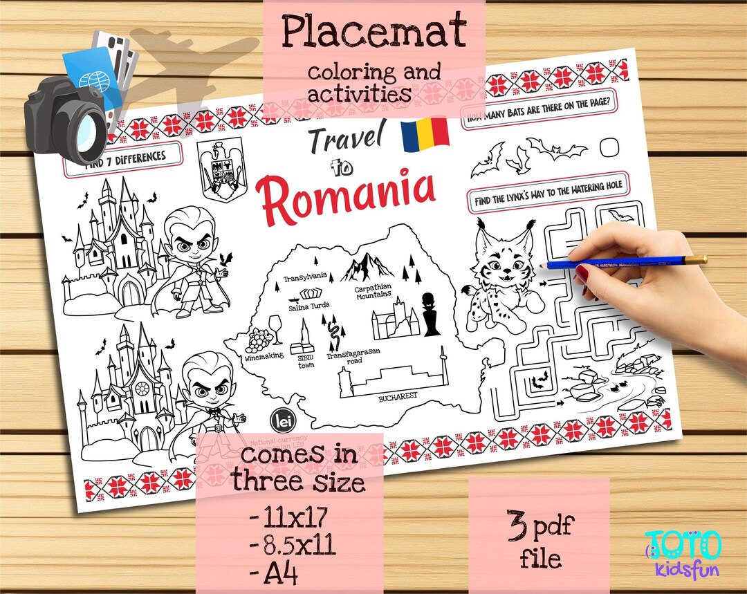 Placemat Travel to Romania. Printable Coloring Page for Kids. Travel ...