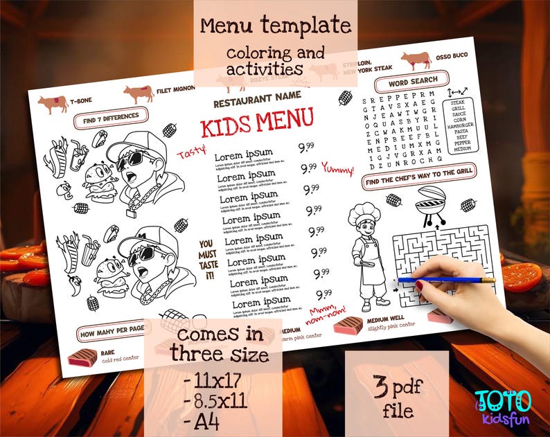 Printable Template Kids Menu for Steakhouse or Restaurants With Fun ...