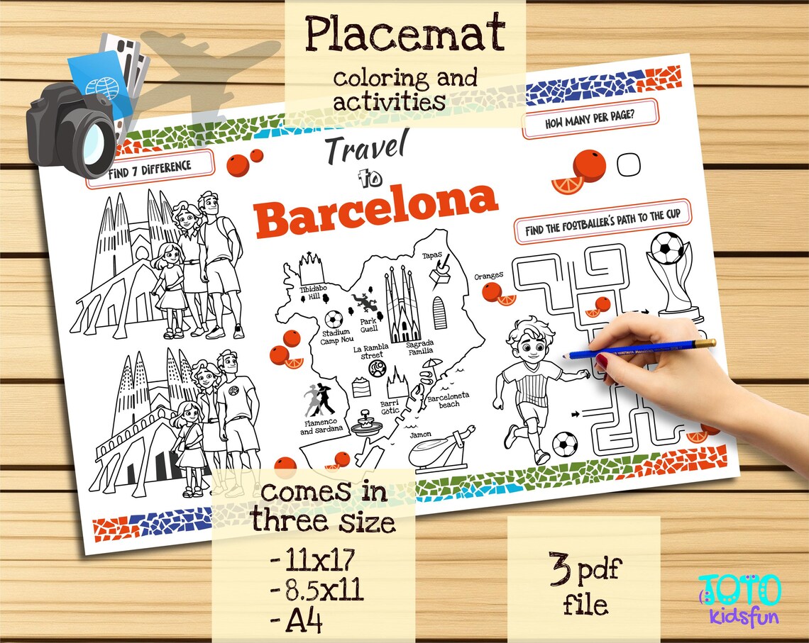 Barcelona Travel Placemat Coloring Page, Kids Activity (digital ...