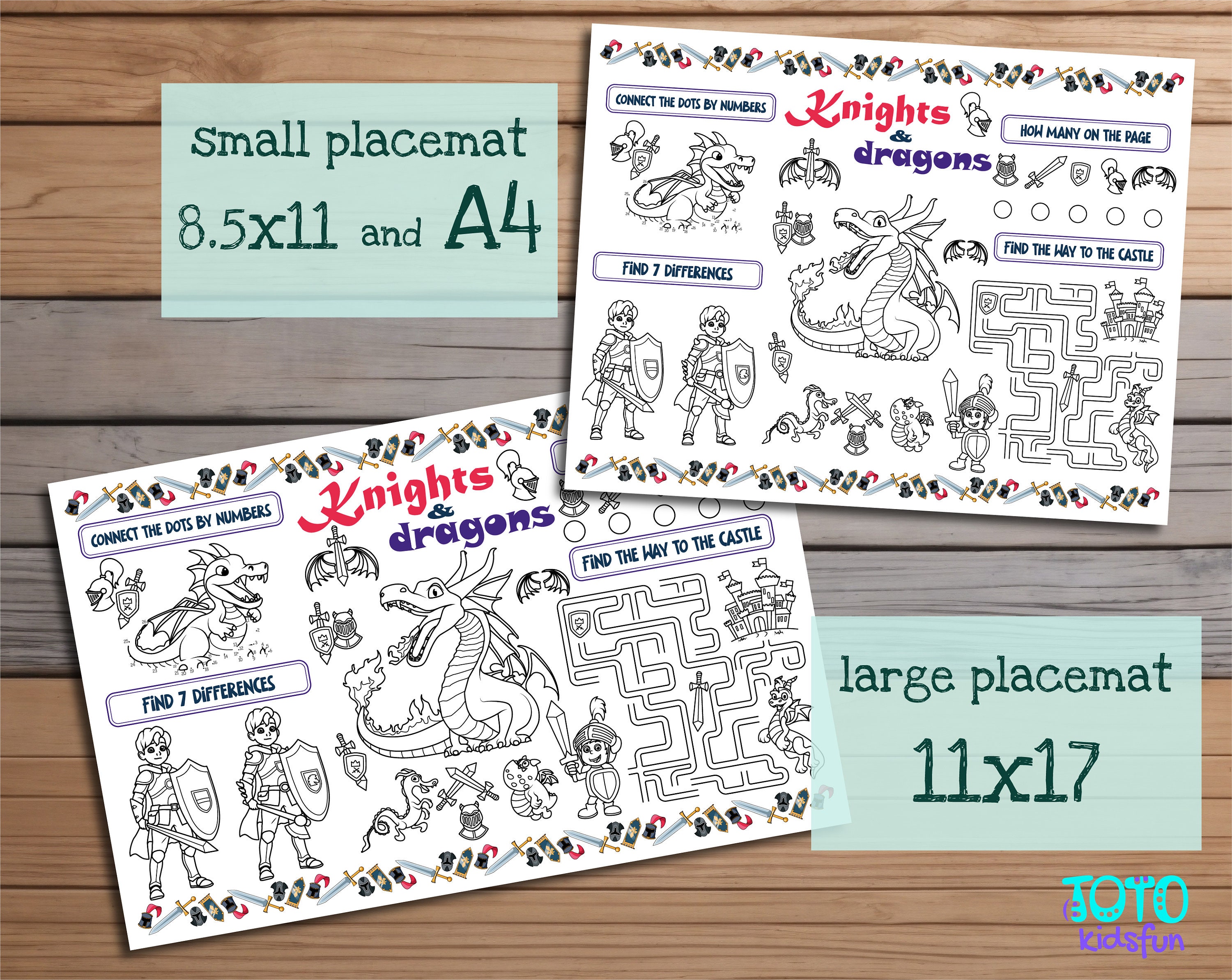 Knights and Dragons Party Placemat. Printable Birthday Coloring Page ...
