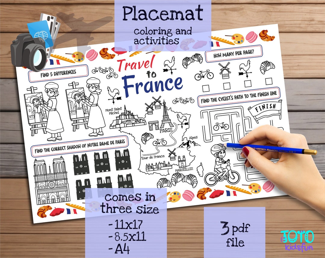 Travel to France Placemat. Printable Coloring Page for Kids. Travel ...