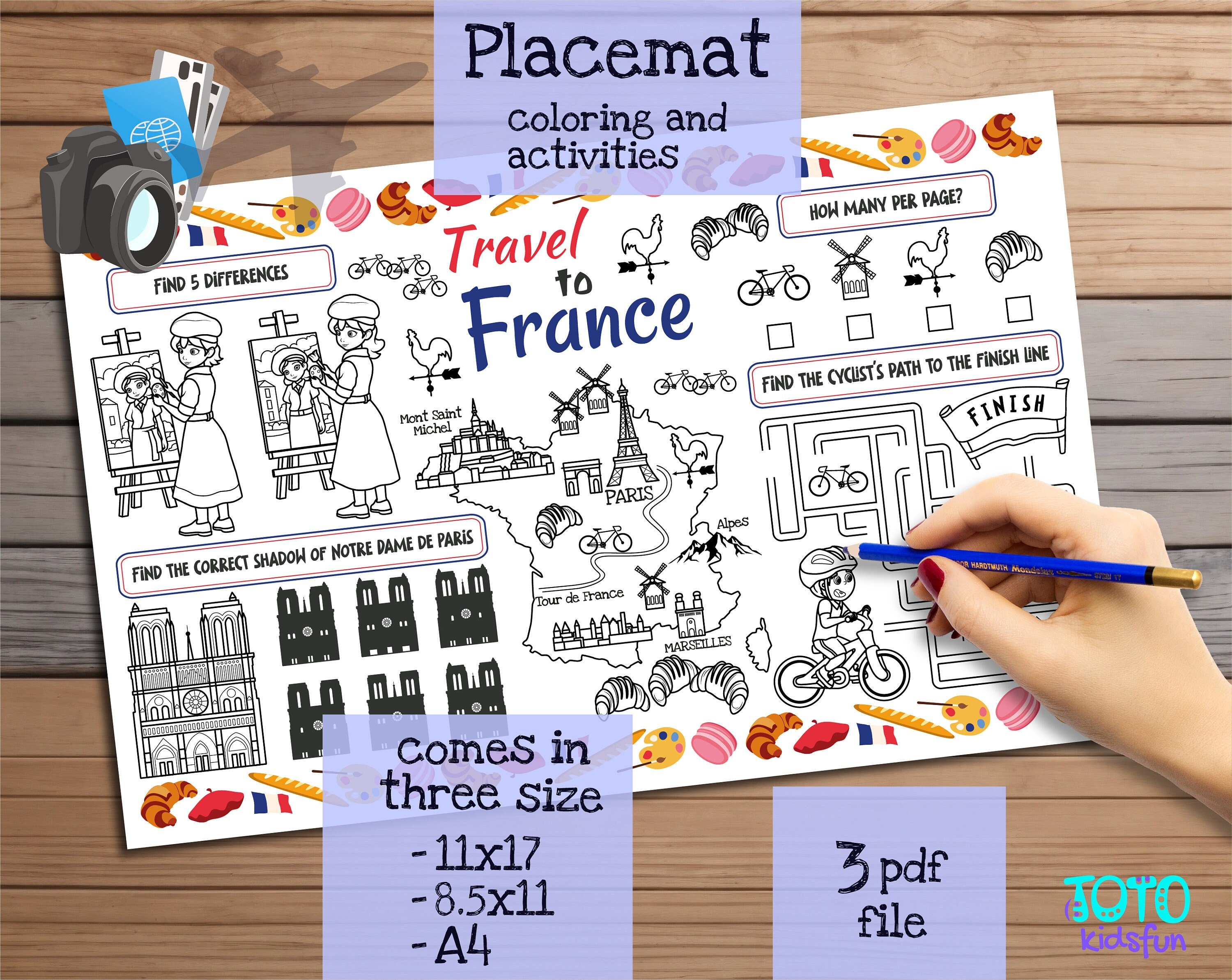 Travel to France Placemat. Printable Coloring Page for Kids. Travel ...