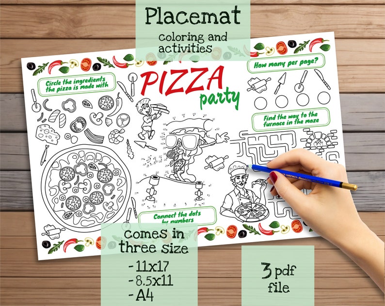 Pizza Party Placemat. Activity Mat. Printable Birthday Coloring Page ...