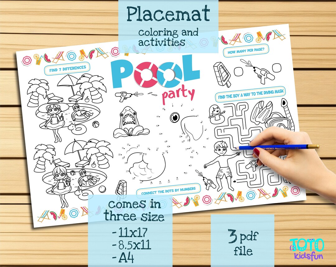 Printable Pool Party Activity Placemat - Fun Kids Birthday Coloring ...