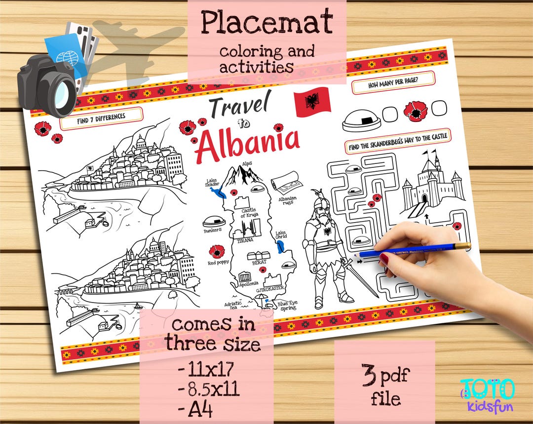 Placemat Travel to Albania. Printable Coloring Page for Kids. Travel ...