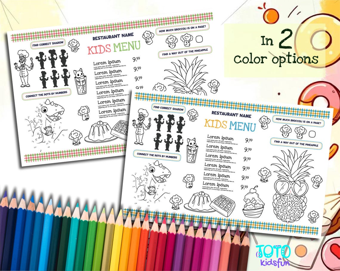 Printable Template Kids Menu for Restaurants With Fun Activity Sheet - Etsy