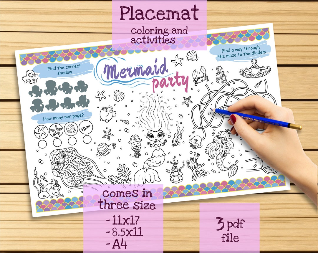 Mermaid Party Placemat. Activity Mat. Printable Birthday Coloring Page ...