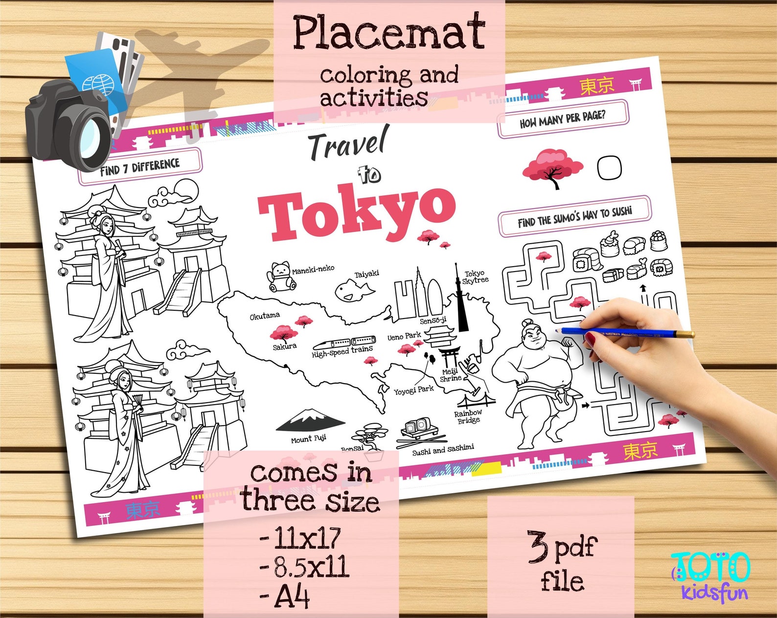 Placemat Travel to Tokyo. Printable Coloring Page for Kids. Travel ...