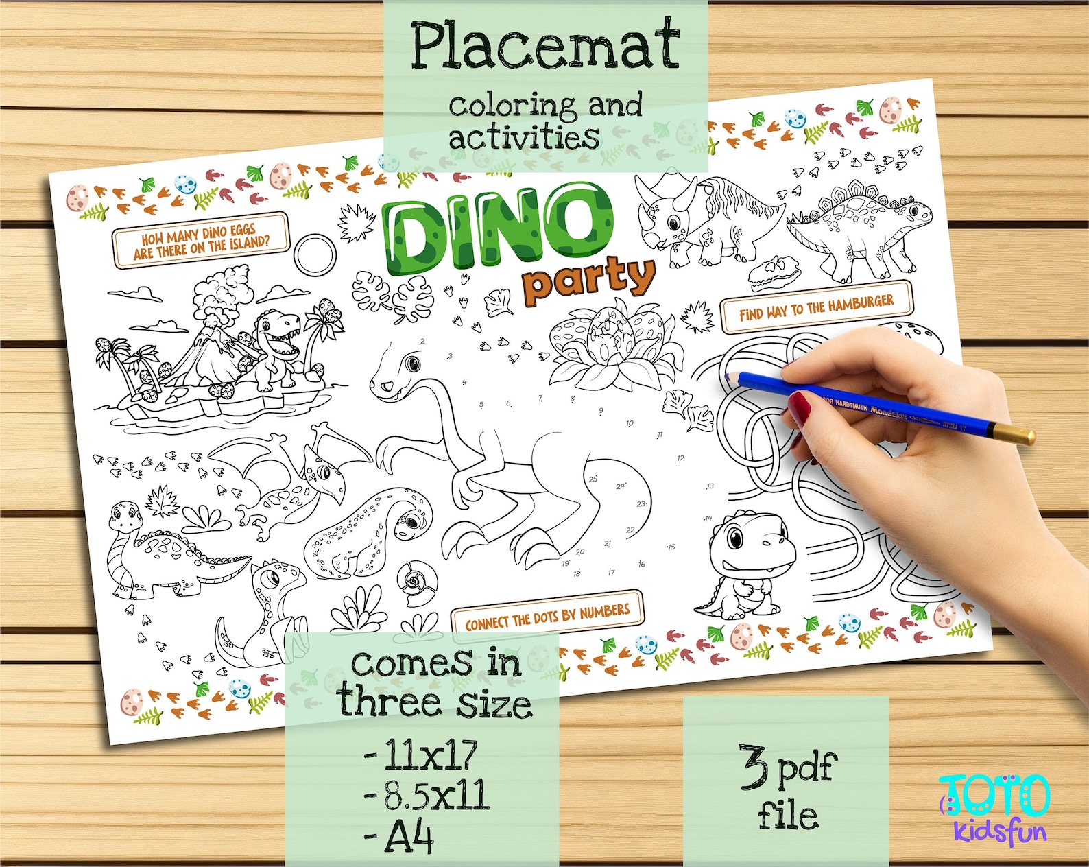Dino Party Placemat. Printable Birthday Coloring Page for Kids. Dino ...