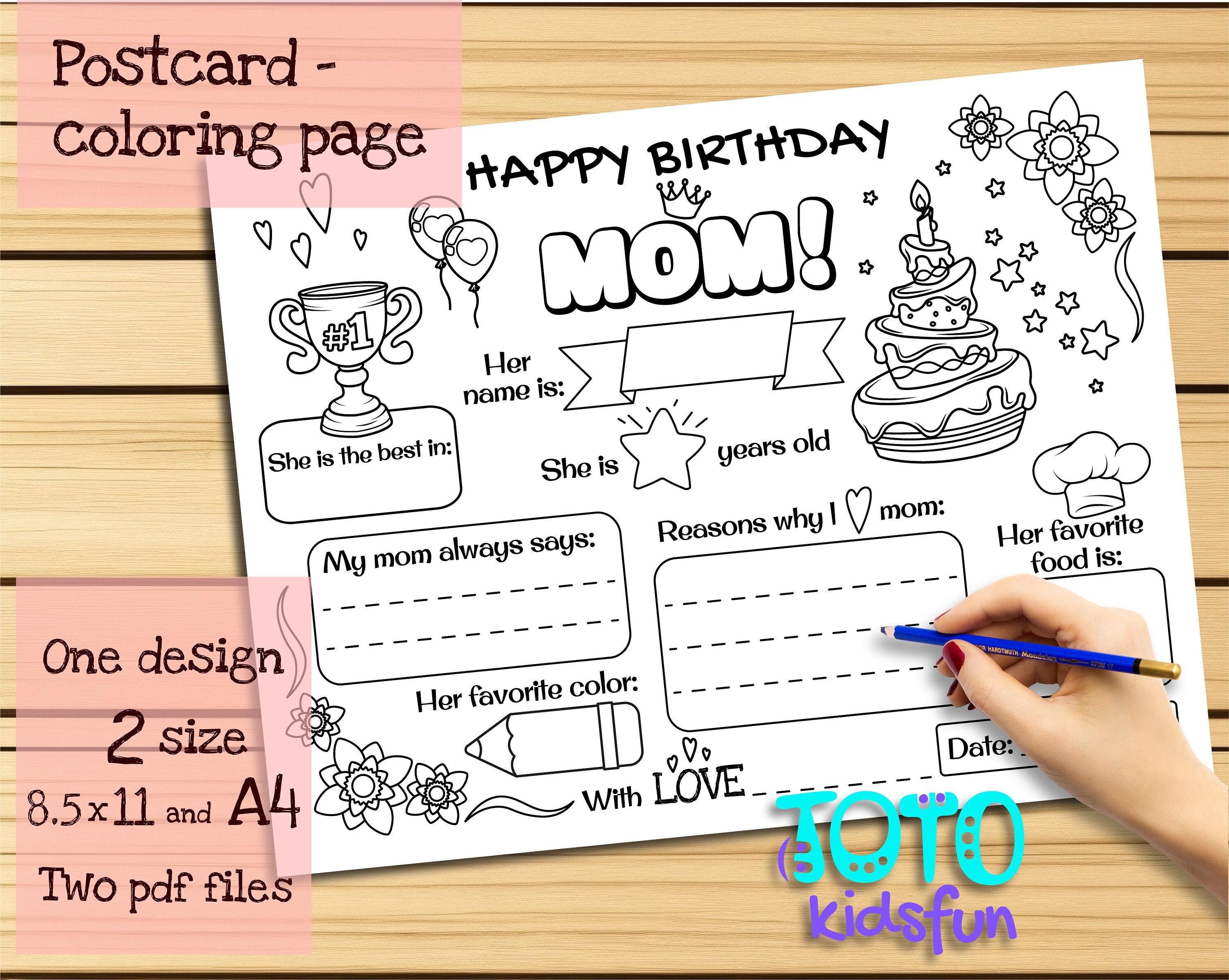 Printable Coloring Card Happy Birthday Mom. Template for DIY Greetings ...