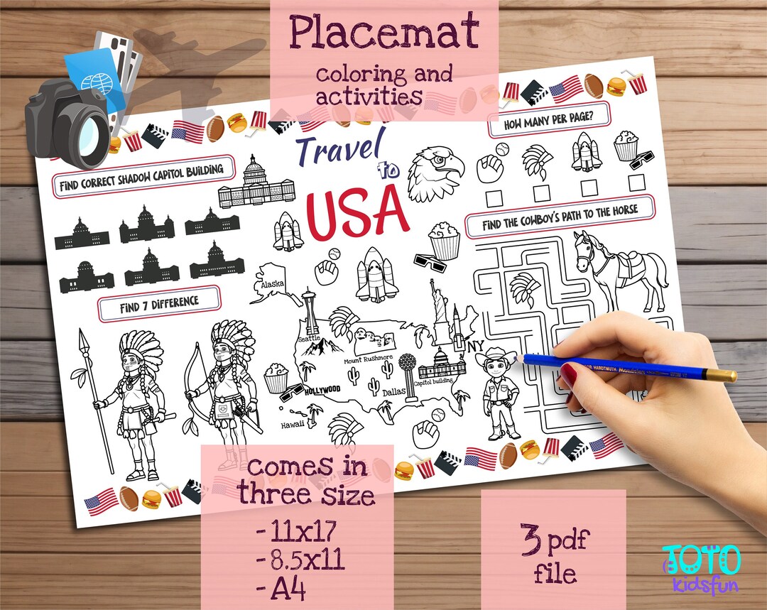 Travel to USA Placemat. Printable Coloring Page for Kids. Travel ...